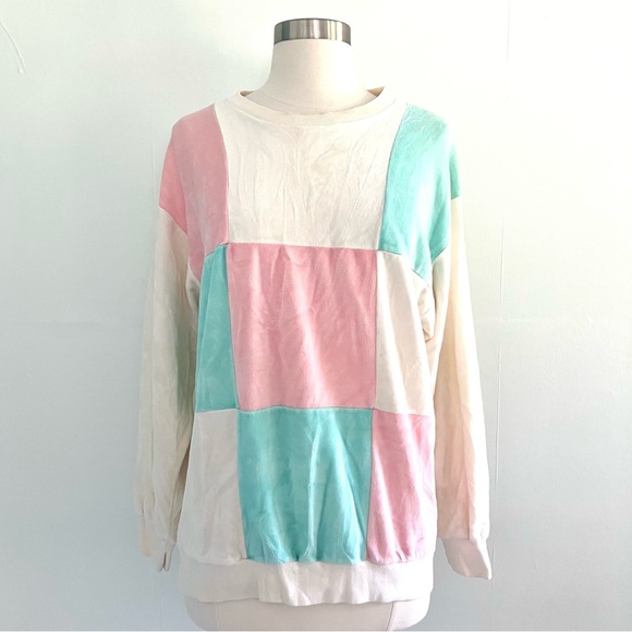 Vintage | Tops | Vintage 8s Pastel Velour Check Pop Over Sweatshirt Top ...
